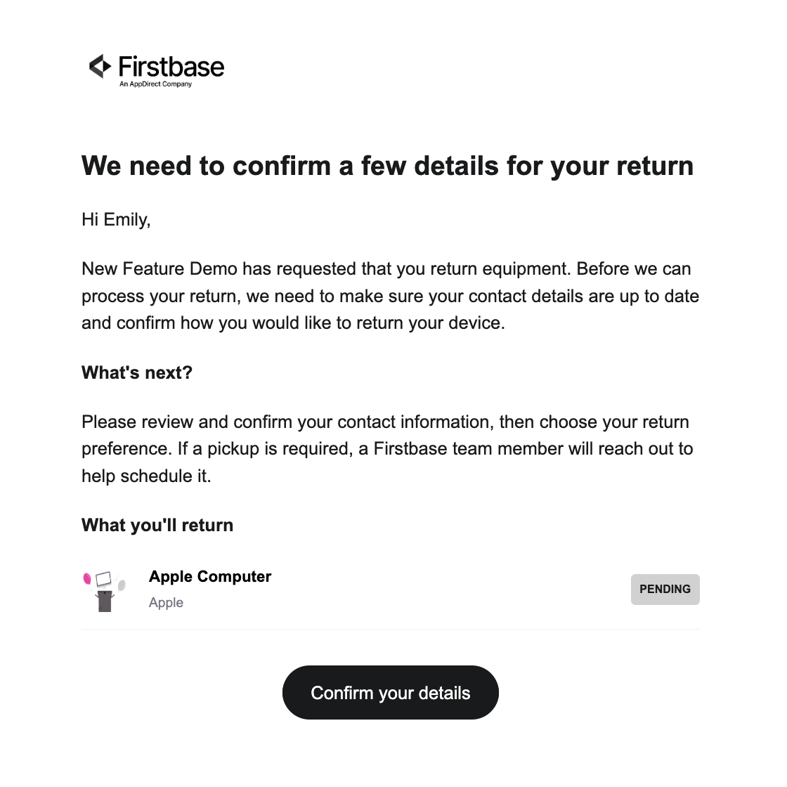 Details Confirmation for Returns and Replacements – Firstbase